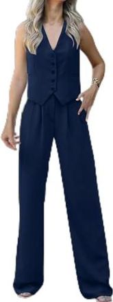 Generic Tenue d&eacute;contract&eacute;e 2 pi&egrave;ces pour femmes, gilet sans manches &agrave; boutons, chemise, pantalon droit &agrave; jambes larges avec poches (Navy, XXL)