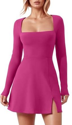 Generic Mini robe &agrave; col carr&eacute; pour femme, manches longues, fente lat&eacute;rale, robe d&eacute;t&eacute;, robe de plage, vacances, essentiels de vacances pour femme, Rouge, XL