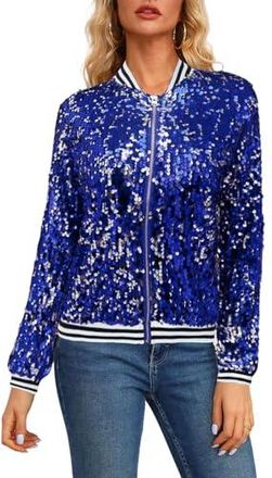 Generic Veste courte &agrave; paillettes pour femme - Ouvert sur le devant, manches longues et fermeture &eacute;clair - Manteaux d&eacute;contract&eacute;s &agrave; paillettes, v&ecirc;tements dext&eacute;