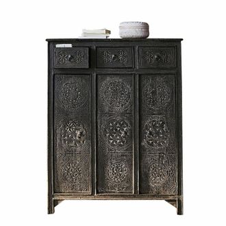 Loberon Kommode Dakota, Handgeschnitzte Ornamente, viel Stauraum Durch Geräumige Fächer & Schubladen, Aufbewahrung, Kommodenschrank, Mangoholz, antikschwarz