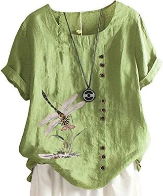 ORANDESIGNE Blouse en Coton et Lin Femme Manches Courte T-Shirts Hauts à Fleurs Libellule Grand Taille Tops Col Rond Chemisiers Lin Tunique Casual Shirts Chemise 