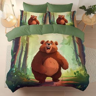 Generic Bettbezug 200 x 200 cm, Mehrfarbig Zeichentrickfilm Spa&szlig; Wald Tiere B&auml;r Bettw&auml;sche, Wende Microfaser bettw&auml;sche f&uuml;r Jungen M&auml;dchen Bettbezug mit 2 Kis