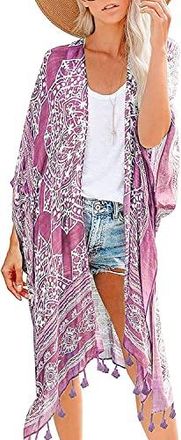 Hikaro Women Long Kimono Floral Cardigans Beach Bikini Cover Up Sarongs Print Boho Cardigan Open Front Loose Shawl Blouse Summer for Ladies (Femmes)