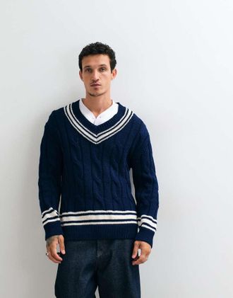 GANT Pull col V en maille torsad&eacute;e merceris&eacute;e - Bleu