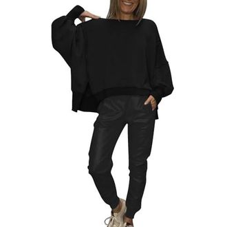 Generic Surv&ecirc;tement 2 pi&egrave;ces pour femme - Pantalon de rue &agrave; manches longues - Col de chemise ray&eacute; - Noir blanc marron - Coupe droite - Ensemble de petite tail