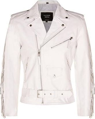 Infinity Leather Veste de motard en cuir de vache rétro Brando TASSELED pour homme en cuir blanc à franges