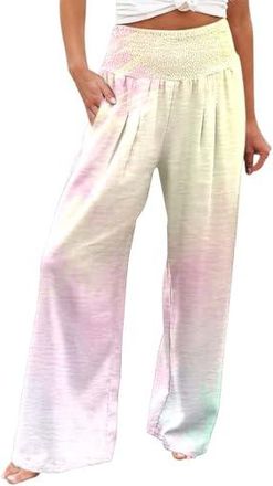 Generic Pantalon en coton et lin pour femme - Jambe large - Pantalon de plage d&eacute;t&eacute; confortable - Pantalon de yoga Palazzo - XIYU26091, jaune clair, 3XL