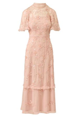 Adrianna Papell Abendkleid Petite Ruffle Trim Bead Mesh Dress Zierliches, zartes Midi-Kleid mit Perlenverzierung