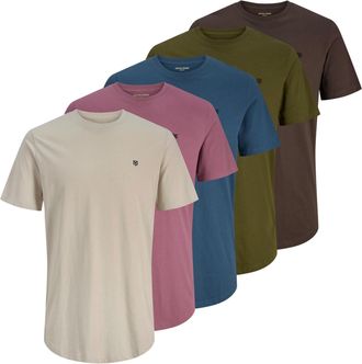 Jack & Jones Herren Shirts T-Shirts Tee SS Crew Neck 5er Pack, Farbe:Mehrfarbig, Gr&ouml;&szlig;e:XL, Artikel:-Moonbeam/Petrol Blue/Dark Brown/Dark Olive/Bordeaux
