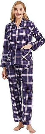 Global Femme Pyjama Flanelle Manches Long |Ensembles de Pyjama Coton |Chemises de Nuit Bouton | Chaleureux Vêtements de Nuit Confortable Bleu/Violet/Blanc, G