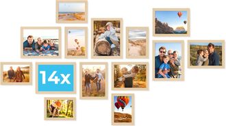 Photolini Bilderrahmen Set verschiedene Gr&ouml;&szlig;en, Bilderwand Collage 14 Rahmen, Bilderrahmen-Set Natur Holz MDF zum Aufstellen & Aufh&auml;ngen, Acrylglas, photo frame