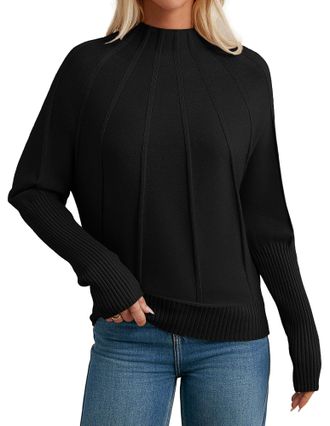 Grace Karin Damen Rollkragen Pullover Strickoberteil Raglan&auml;rmel Dehnbar Gerippte Abschl&uuml;sse Jumper Schwarz XL