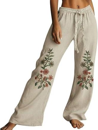 Generic Pantalon d&eacute;t&eacute; en lin pour femme - Long et a&eacute;r&eacute; - En coton et lin - Avec cordon de serrage - Broderie florale - Pantalon de loisirs - D&eacute;contract&eacute; - Con