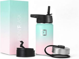 Iron Flask Iron Flask Sportwasserflasche - 410 ml, 3 Deckel (Strohdeckel), vakuumisolierter Edelstahl, doppelwandig, Thermobecher, Kantine aus Metall