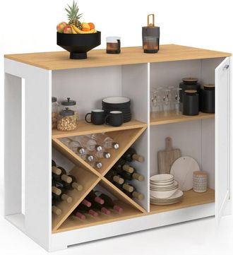 IDMarket Table de bar &icirc;lot VITO 113 cm avec range-bouteilles bois blanc et plateau fa&ccedil;on h&ecirc;tre