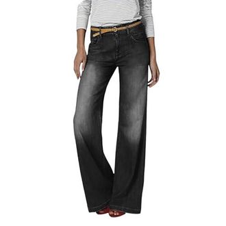 Generic Jean à jambe droite pour femme, contrôle du ventre, jean baggy élastique taille haute, pantalon palazzo extensible à taille haute, pantalon en jean pu