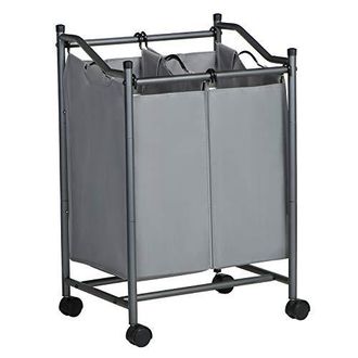 Songmics Chariot panier &agrave; linge de double Sac, Corbeille &agrave; linge avec Roulettes, Panier &agrave; linge avec Sac Ind&eacute;pendant, Volume totale : 90L, Gris LSF002GS
