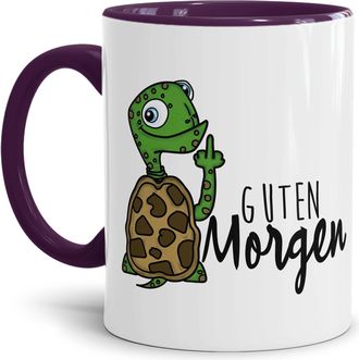 Tassendruck Tasse mit frechem Motiv - Schildkr&ouml;te zeigt Mittelfinger Guten Morgen - Geschenke f&uuml;r Freunde und Kollegen zum Geburtstag, Weihnachten | Spruch-Tasse 
