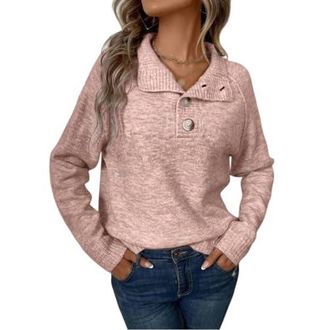 Generic Pull à col montant boutonné en tricot torsadé pour femme, pull ample tendance, doux, respirant et léger, rose, XL