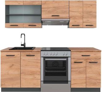 Vicco Küchenzeile R-Line, Goldkraft Eiche/Anthrazit, 200 cm, ap Eiche