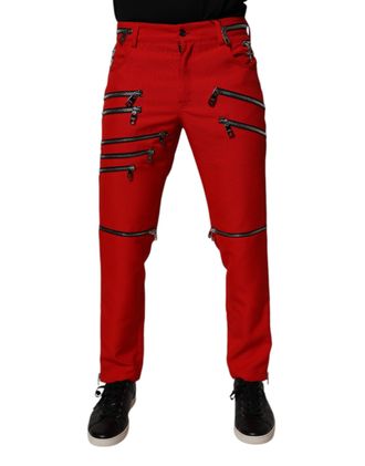 Dolce & Gabbana Mens Red Zipper Embellished Straight Pants Polyester