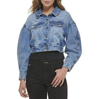 DKNY Damen Ls Puff Button Front Cropped Denim Jacket, Dark Wash, M EU