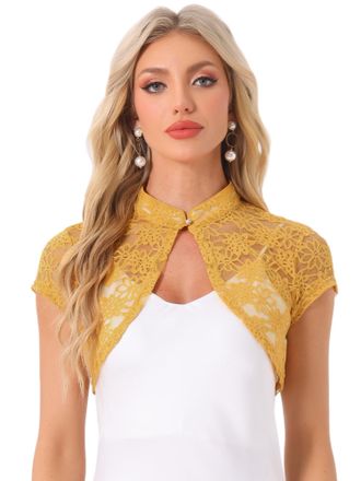Allegra K Damen Sommer Spitze Bolero Strickjacke Kurzarm Hochzeit Leicht Elegante Festlich J&auml;ckchen f&uuml;r Abendkleid Ingwer Gelb S