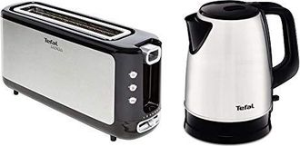 T-fal TL365ETR Grille-Pain Express Inox/Noir 37 x 18 x 10 cm & TEFAL Bouilloire Inox 1,7L Bouilloire sans fil 1,7L Résistance cachée Filtre anticalcaire bas