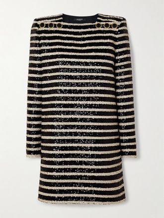 Balmain Minikleid Aus Gestreiftem T&uuml;ll Mit Pailletten Und Verzierungen - Schwarz