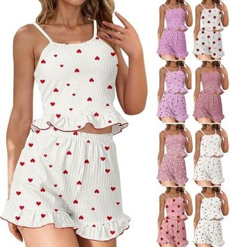 Generic Pyjama court 2 pi&egrave;ces &agrave; imprim&eacute; coeur pour femme, v&ecirc;tements de nuit courts sans manches, v&ecirc;tements de nuit tendance, adorables et doux, v&ecirc;tements de n
