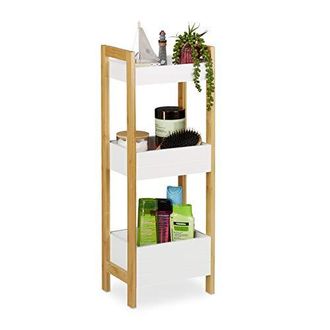Relaxdays Etagère de Bain avec 3 paniers, bambous et MDF, HxlxP 74,5 x 28 x 20 cm; Debout, en Cuisine, Nature/Blanc