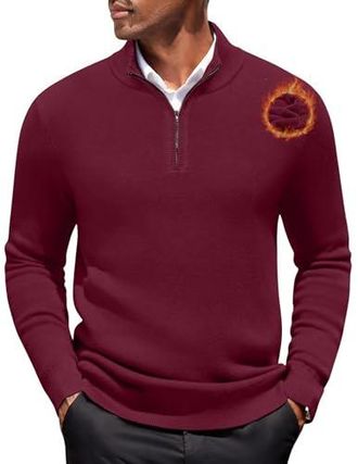 Coofandy Pull &agrave; Col Montagne et Fermeture &Eacute;clair Quart de Longueur pour Homme Pull Tricot&eacute; Doubl&eacute; Pullover dhiver Pulls Chauds pour Le Travail Rouge Vin XXL