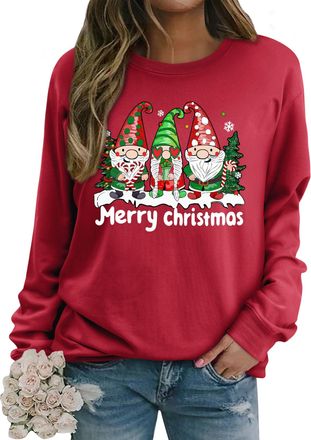 Dresswel Weihnachtspullover Damen Merry Christmas Sweatshirt Lustig Zwerge Druck Baumwolle Weihnachten Pullover Weihnachts Tops Xmas Weihnachtspulli Teenager M