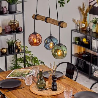 HOFSTEIN Pendelleuchte Ripoll, Hängelampe aus Metall/Holz/Glas in Schwarz/Natur/Kupfer/Blau/Grün, Hängeleuchte im Retro/Boho-Design mit Glasschirmen und Holzba