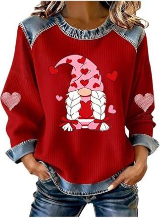 Generic Sweat-shirt &agrave; manches longues en denim pour femme - Motif coeur - Patchwork - Pull l&eacute;ger &agrave; manches longues - Col rond - Pull d&eacute;contract&eacute;, Rouge, 3XL
