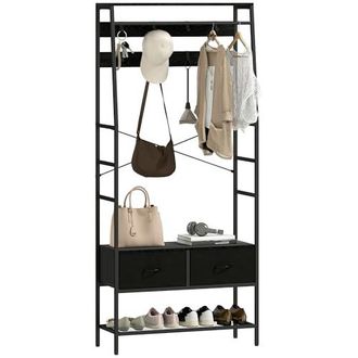 HOMCOM Porte-manteau, portant à vêtements, meuble dentrée industrieavec 2 tiroirs en tissu, étagère, 8 crochets et cadre en acier - vestiaire pour entrée, ch