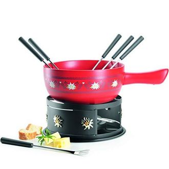 Mäser 931893 Käsefondue Set für 6 Personen, 11-teiliges Komplettset für Fondue nach Schweizer Art mit massivem Keramik Topf, Steingut, 2.6 liters, Rot, Schw