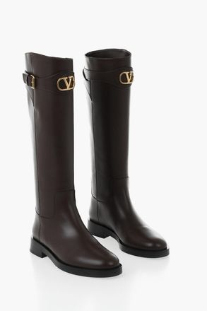 Valentino Kniehohe Stiefel Aus Leder Mit Logo-Besetztem Riemen Valentino