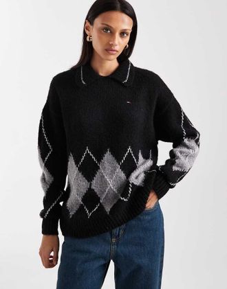 Tommy Jeans Pull en maille &agrave; losanges et col polo - Noir