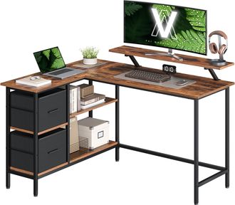 Vasagle L-f&ouml;rmiger Schreibtisch, 2 ger&auml;umige Schubladen, Computertisch mit Monitorst&auml;nder, Eckschreibtisch, Gaming-Tisch mit Verstellbarer Ablage 135 x 105 cm