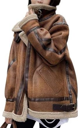 Minetom Blouson Aviateur Femme Hiver Veste En Polaire Chaude Manteau en Fausse Fourrure Blouson pour Motard B Marron XL