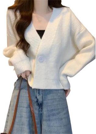 Generic Vestes dhiver tricot&eacute;es &agrave; un bouton pour femme - &Eacute;l&eacute;gantes et amples - Pour le bureau - Style d&eacute;contract&eacute; - Col en V - Cardigan court, blanc, Taille U