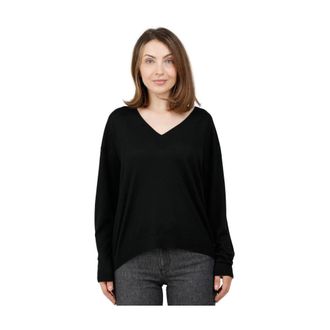 Alpha Studio Femme, Pulls, Noir, Taille: 44 FR Tricot à Manches Longues et Col en V avec Détails en Soie de Mûrier et Cachemire