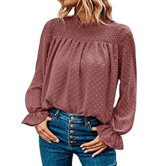 Generic Chemise en mousseline de soie &agrave; manches longues pour femme - Automne et hiver - Col rond - Volants - Couleur unie, rose, XL