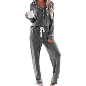 Generic Ensemble de pyjama 2 pi&egrave;ces &agrave; manches longues boutonn&eacute;es pour femme, col crant&eacute;, v&ecirc;tements de nuit, v&ecirc;tements de nuit doux, gris fonc&eacute;, XXL