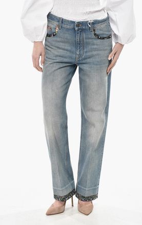 Valentino Straight-Fit Cotton Jeans with 21cm Floral-Pattern Hems Valentino