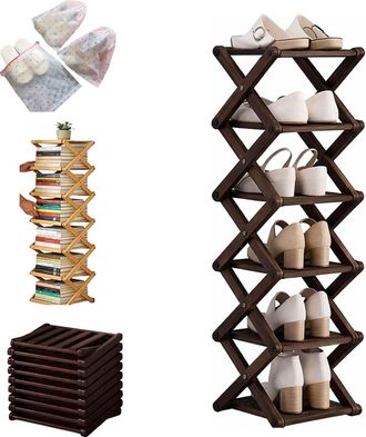 Generic 9-St&ouml;ckiges Bambusregal, 9-St&ouml;ckiges Bambusregal Ohne Montage, Faltbarer Platzsparender Schuhorganizer, Vertikale Schlanke Schuhaufbewahrung Mit 2-10 