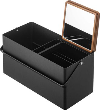 Yamazaki Tableware 5454 TOWER Make-up-Box, schwarz, Stahl/Holz/Spiegel/ABS-Harz, minimalistisch, 31 x 15 x 15.7 cm