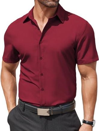 Coofandy Chemise Habillée à Manches Courtes pour Hommes Chemise daffaires Unie Chemise Formelle Extensible Chemises Boutonnées Chemises de Mariage Rouge foncé 