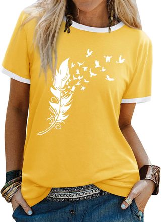 Dresswel Damen Friedenstaube Feder Druck T-Shirt Kurzarm Rundhals Oberteile Sommer Tops Tee Shirts Bluse